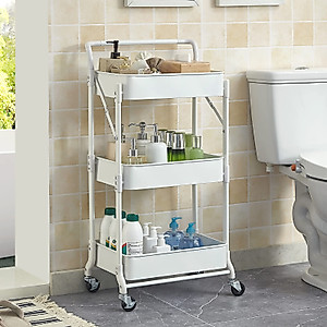 Amatic 3 Tier Foldable Metal Rolling Cart, Collapsible Rolling Storage Organizer with Wheels, Folding Laundry Utility Cart for Kitchen & Office, Include 3 Hanging Cups & 6 Hooks (White)