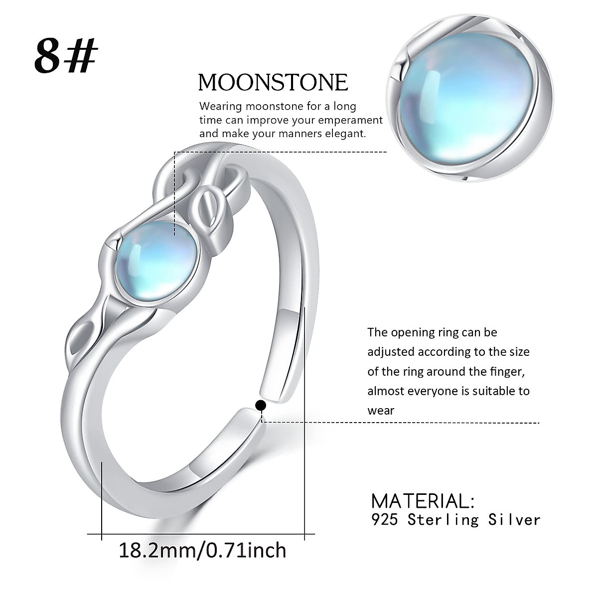 925 Sterling Silver Leaf Ring Moonstone Adjustable Open Rings for Mother's Day Women Minimalist Statement Band Finger Ring Dainty Trendy with Box