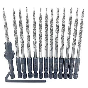 FTG USA Wood Countersink Tapered Drill Bit #8 (11/64") Adjustable Depth Woodworking Taper Point HSS M2 with 12 Pc Replacement Tapered Countersink Bit #8 (11/64"), ¼” Quick Change Shank
