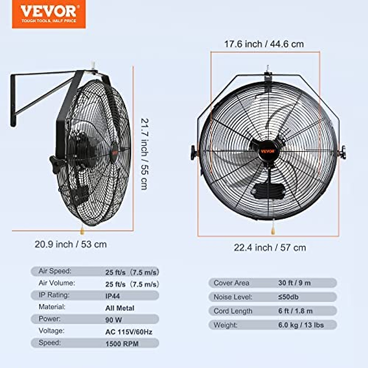 VEVOR 18 Inch Wall Mount Fan, 3-speed IP44 Waterproof Industrial Wall Fan, Max. 4150 CFM Wall Mounted Fan for Outdoor, Commercial, Residential, Greenhouse, Workshop, ETL Listed, 2-Pack