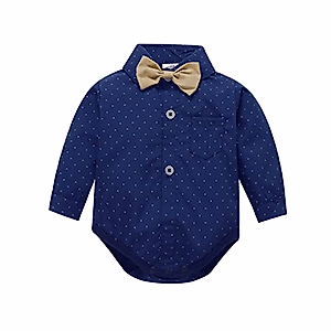 HeMarIsle Baby Toddler Boys Tuxedo Onesie Dress Shirt Bodysuit Formal Long Sleeve Rompers for Wedding Party (2150Blue, 6-9 M)