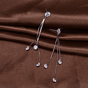 CZ Linear Earrings for Women Super Long Shoulder Earrings Sterling Silver Thread Earrings Crystal Cubic Zirconia Rhinestone Tassel Drops Bridal Chain Earring for Wedding Bride Bridesmaids Party
