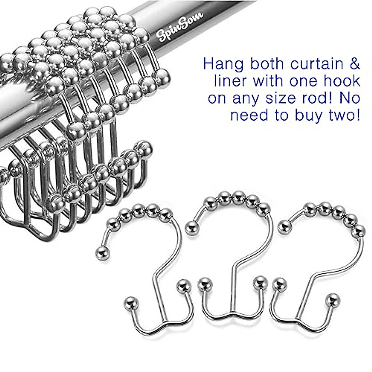 2lbDepot Shower Curtain Rings Hooks - Chrome Finish - Premium 18/8 Stainless Steel - Double Hooks with Easy Glide Rollers Rust Resistant Metal Hook, Six Finishes Available - Set of 12 for Shower Rods