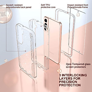 KIOMY Clear Shockproof Case for Samsung Galaxy S22 with 2 Packs Tempered Glass Screen Protectors, 3 Layers in 1 Full Body Protection Hard PC Back and Front Cover + TPU Bumper Glitter Sparkle Sparkly