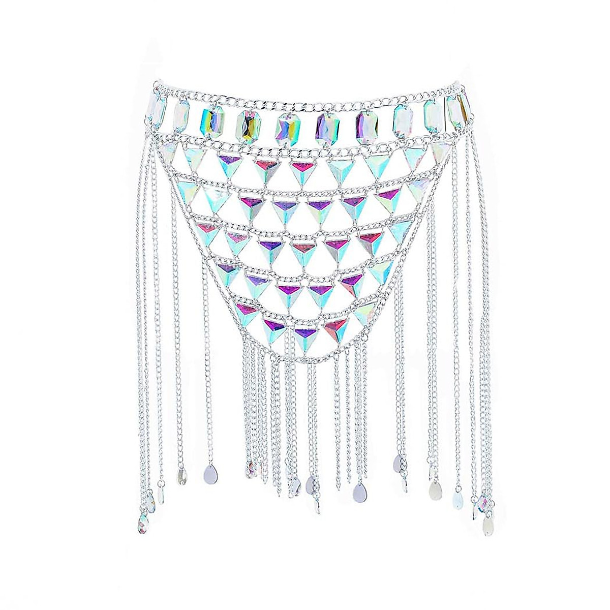 Salliy Rhinestone Waist Body Chains Skirt Silver Sexy Belly Chain Dress Summer Belly Belt Chain Jewelry Rave Festival Outfits for Women and Girls