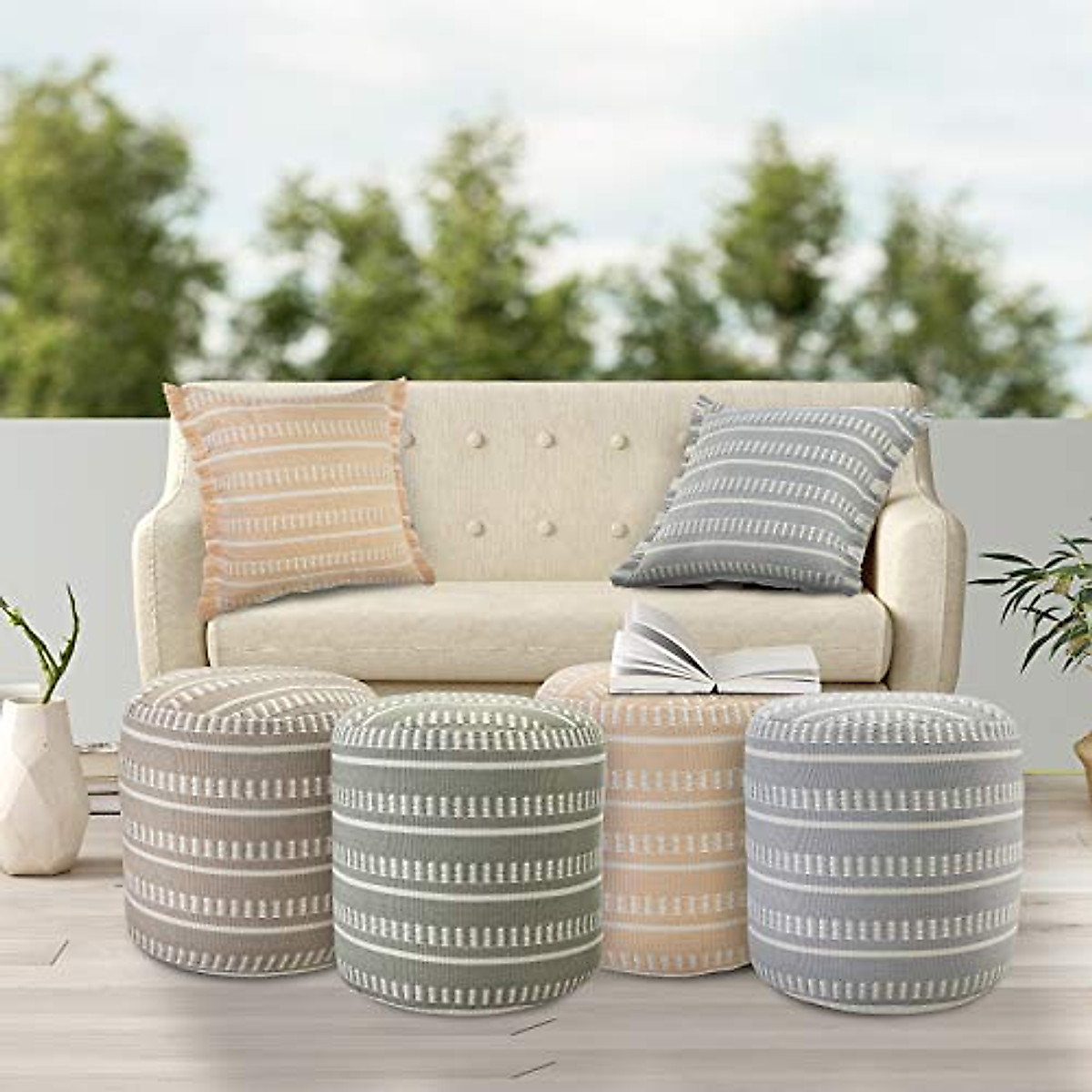 LR Home Dash and Stripe Geometric Indoor Outdoor Pouf, Green/White, 20" x 20" x 20"
