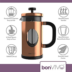 bonVIVO GAZETARO I Large French Press Coffee Maker - Glass French Coffee Press Machine Made of Heat Resistant Stainless Steel and Borosilicate Glass in Copper Finish, With Filter, 34 ounces…