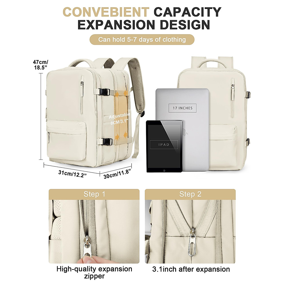 Large Travel Laptop Backpack, Expandable Flight Approved Backpack, Carry on Backpack for Women, Waterproof 17inch Laptop Hiking Backpack with Shoe Compartment, Beige