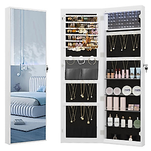 Hzuaneri 8 LEDs Mirror Jewelry Cabinet, 47.2-inch Jewelry Armoire Organizer, Wall/Door Mount Lockable Storage Cabinet with 6 Earrings Shelves, 2 Makeup Pockets, White and Black JC12003B