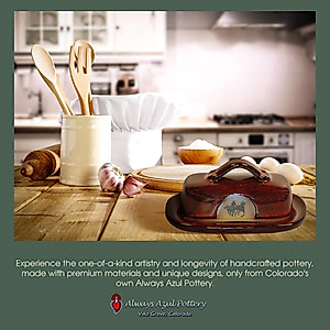 ALWAYS AZUL POTTERY 7.5 Inch by 4 Inch Butter Dish in Wild Horses design and Azulscape Glaze - Handmade Pottery -Decorative Stoneware Butter Dish Dispenser -Countertop Covered Butter Storage Container