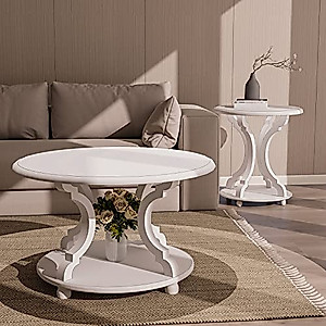 FINECASA Wood Coffee Table,Round Coffee Table Living Room, Round Cocktail Table with Storage, Sofa Table with Shelf, 31.0x18.3 Inches, Accent Tables with Carved Legs for Living Room, White