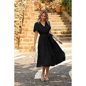 PRETTYGARDEN Summer Dresses for Women 2023 V Neck Wrap Short Sleeve Boho Midi Dress Tie Waist A Line Beach Sun Dresses (Black, Medium)