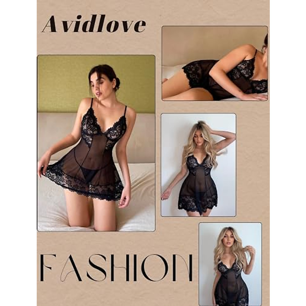 Avidlove Sexy Lingerie for Women Kinky Babydoll Lingerie Lace Chemise Mesh Sleepwear(Black,XX-Large)