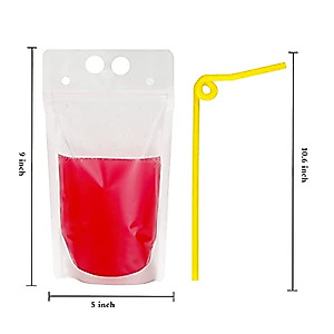 50 PCS Stand-Up Plastic Drink Pouches Bags with 50 Drink Straws, Heavy Duty Hand-Held Translucent Reclosable Ice Drink Pouches Bag, Non-Toxic, for Smoothie, Cold & Hot Drinks