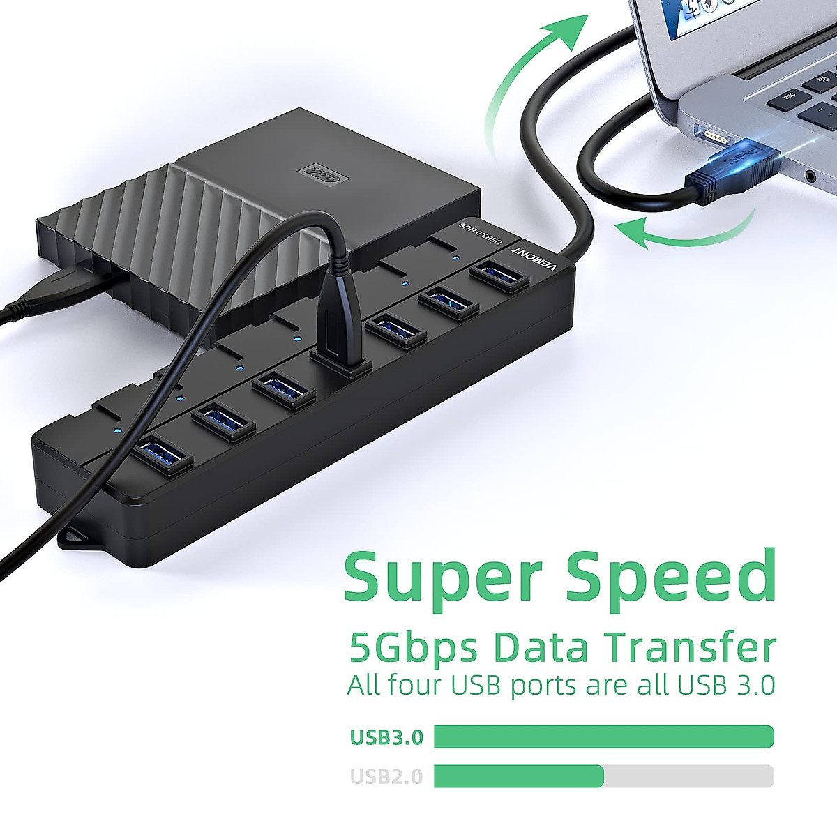 VEMONT USB hub,Computer Peripheral Equipment 7-Port USB 3.0 hub with 5V2A Power Adapter and Individual On/Off Switches,USB Charging hub 4ft/1.2m Long Cable