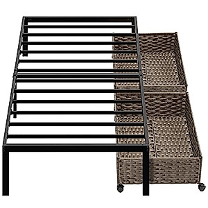 Rolanstar Bed Frame, Twin Bed Frame with 2 Rattan Baskets, 14 “ Metal Platform Bed Frame, Steel Slat Support, No Box Spring Needed, Easy Assembly, Noise Free, Bed with Large Storage Space up to 350LB