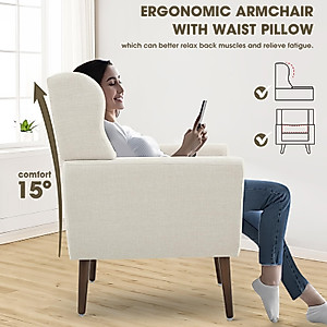 cinkehome Accent Chairs Set of 2 for Living Room, Chenille Upholstered Mordern Armchair, Comfy Soft Padded Lounge Reading Arm Chair in Small Space, Bedroom, Pillow, Solid Wood Leg, Beige