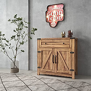 Penifun Farmhouse Buffet Double Barn Door, Industrial Sideboard Wood Coffee, Kitchen Pantry Storage, Accent Chest, Liquor Cabinet for Bar Hallway, Cupboard Console Table, Large, Light Brown
