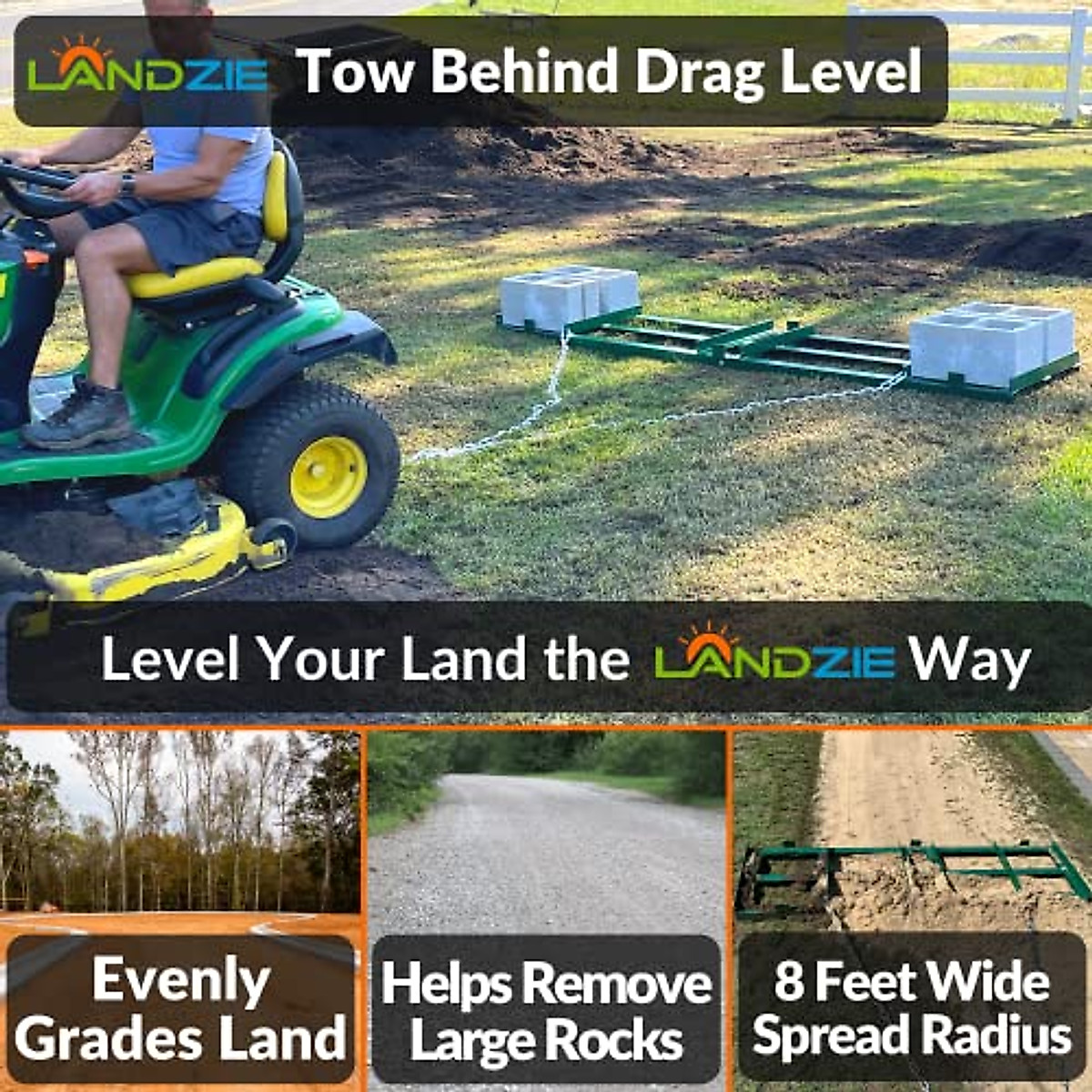 LANDZIE Drag Harrow Driveway Grader Landscape Power Rake for ATV, UTV, Tractor, Mower - 8 Ft Reinforced Steel (Two 4 ft Sections) - Tow Behind Yard Lawn Leveling Tool with 4 Ft Heavy Duty Chain