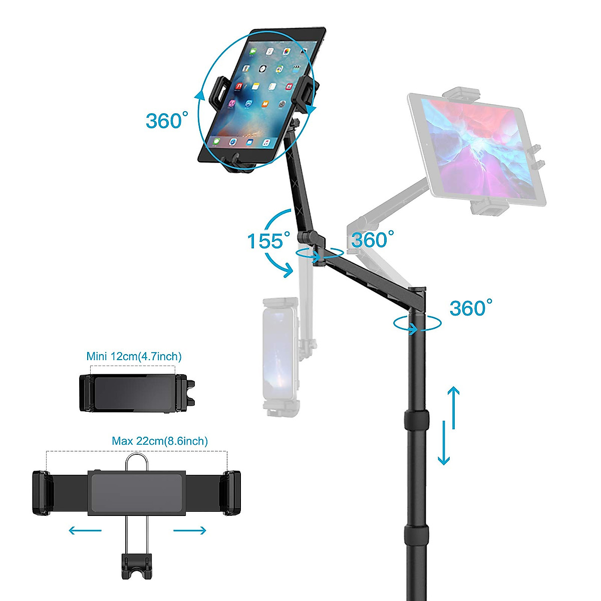 Smatree Tablet Floor Stand, 360 Degree Rotating with Height Adjustable Stand Compatible with 9-13 inch Ipad Pro/Air/Mini 2024, 12.4-11 inch Samsung Galaxy Tab S10/S9/S8, Surface Pro 11, eBook Reader