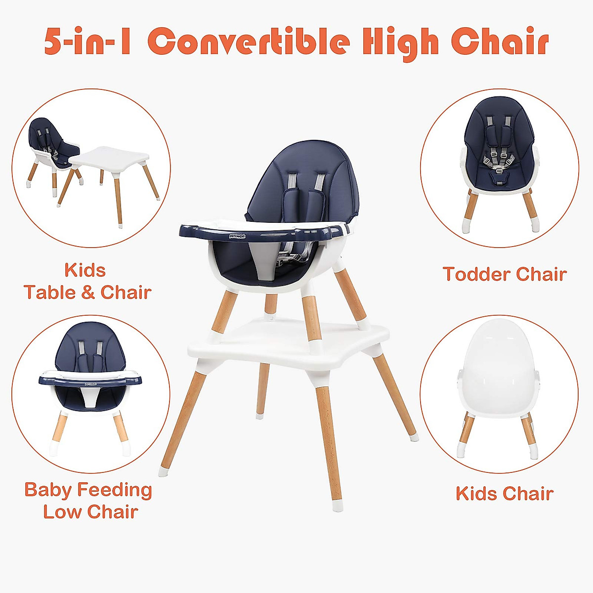 JOYMOR 5-in-1 Convertible Baby High Chair for Babies and Toddlers, Table and Chair Set, Wooden Infant Eating Highchair with Leather Seat Cushion, 4-Position Removeable & Adjustable Tray (Blue)