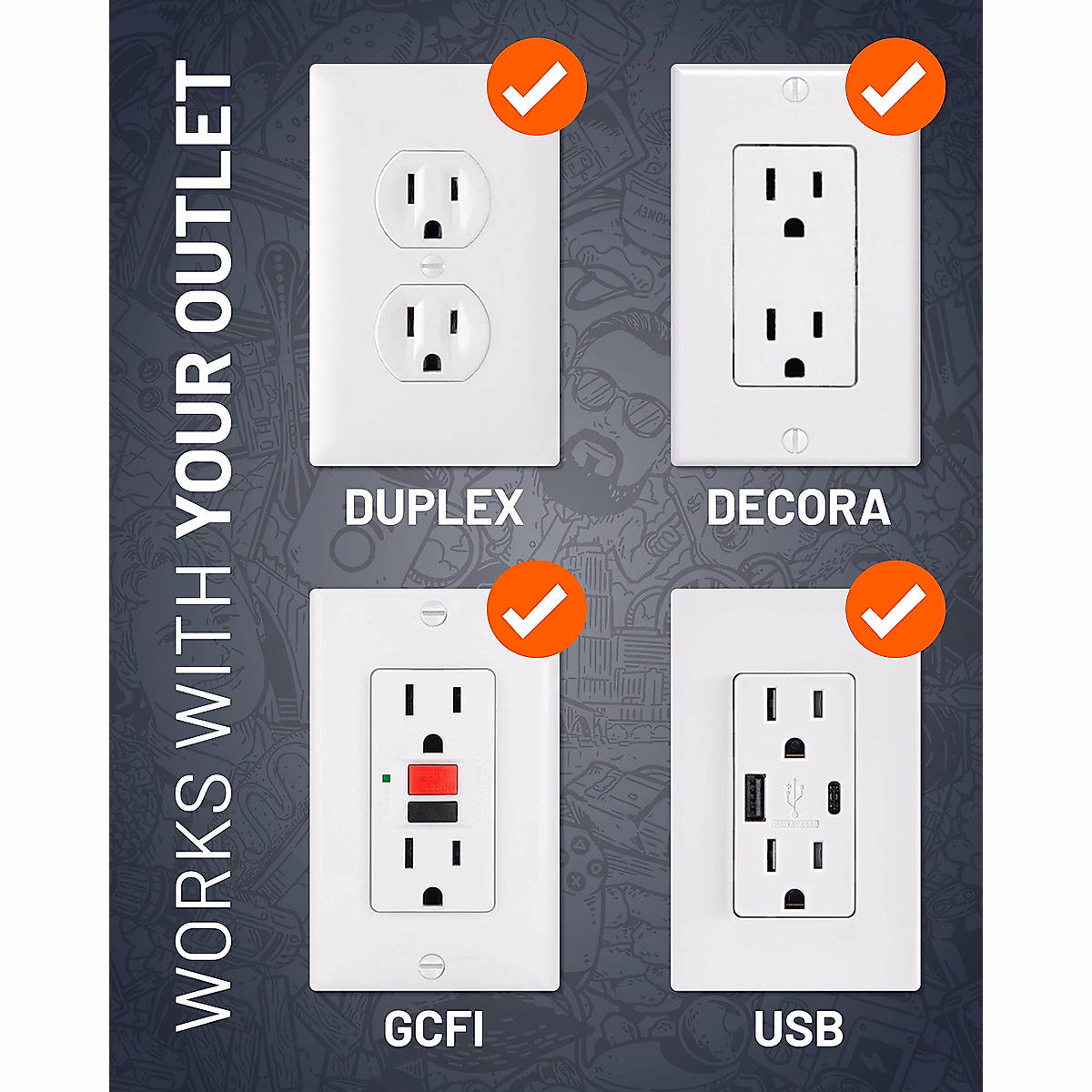 ECHOGEAR Wall Outlet with Surge Protection - Power & Protect 8 Devices with 6 Rotating AC Plugs & 2 USB Ports - Includes 1x USB-C Port & 1x USB-A Port - Black