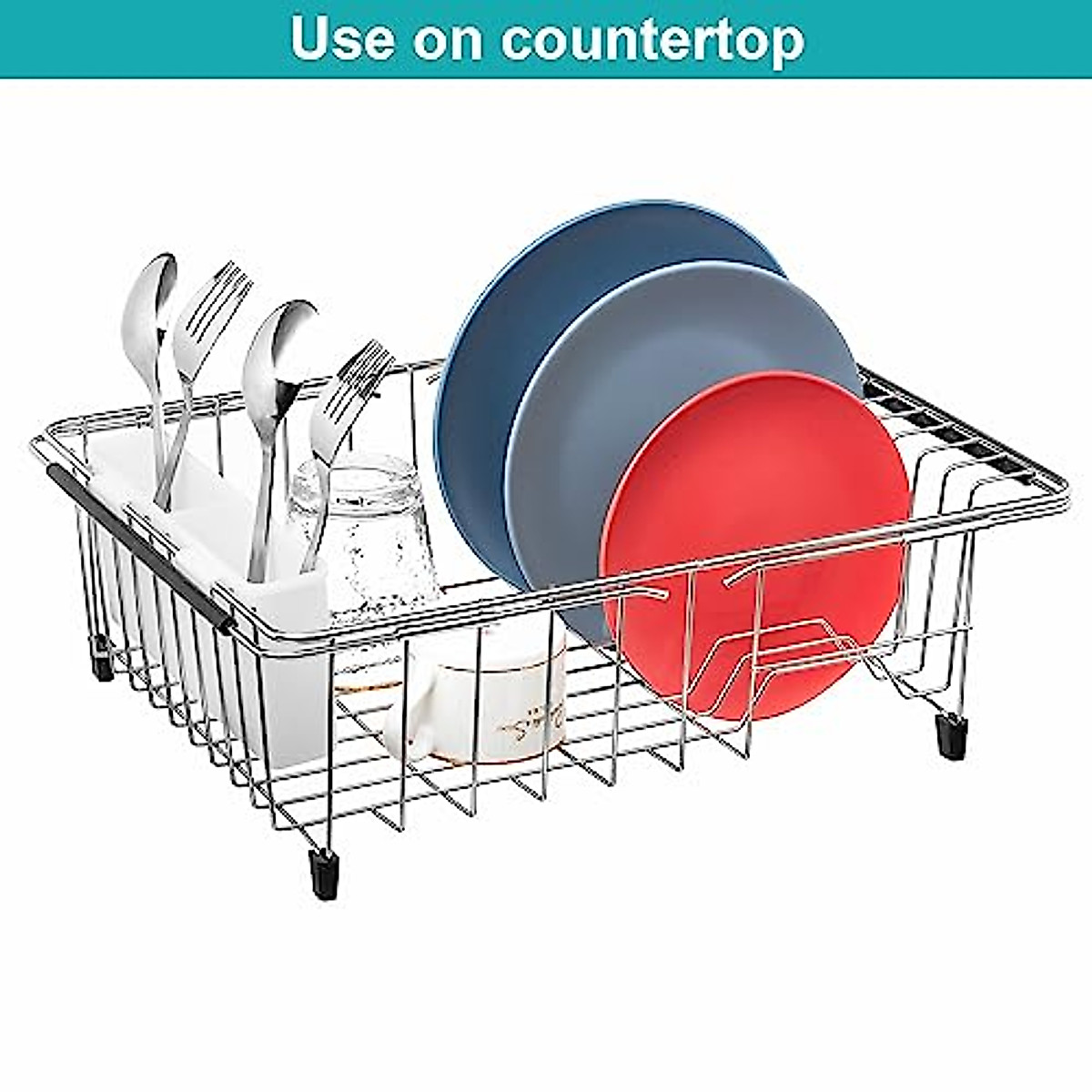 iPEGTOP Expandable Multifunctional Dish Drying Rack, Over The Sink, in Sink Or On Counter Dish Drainer Rack Organizer Shelf with White Utensil Silverware Holder, Rustproof Stainless Steel