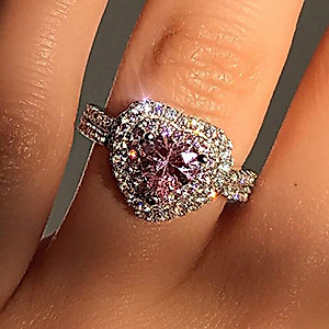 GLOW SPECTRA JEWELS 2.34 Cttw Heart Shape Simulated Pink Sapphire & White Cubic Zirconia Wedding Engagement Halo Ring In 14K White Gold Plated 925 Sterling Silver Ring Size - 7.5