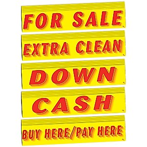 Versa-Tags Windshield Slogan Stickers 12 Pack Each of for Sale, Extra Clean, Down, Cash, Buy HERE Pay HERE (60) Window Stickers Total Dealership Stickers Red On Yellow