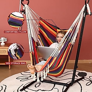 Hammock Chair with Stand Double Hammock Chair Bohemian Style with Tassel Mobile Phone Support Manual Adjustable Swing Indoor and Outdoor Garden Porch with Floor mat Reclining Capacity 400 pounds