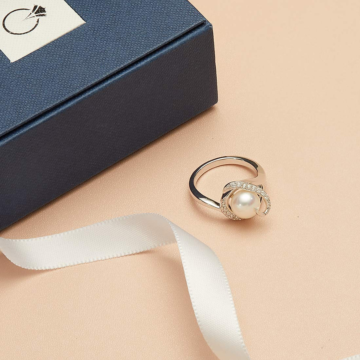 PEORA Freshwater Cultured White Pearl Swirl Ring in Sterling Silver, 8.5mm Round Button Shape, Comfort Fit, Size 7