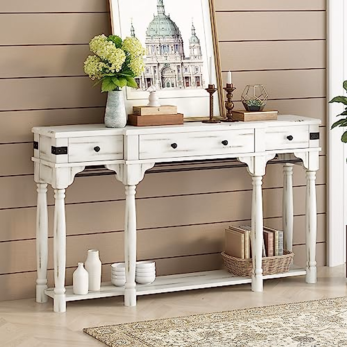Bellemave Console Table Entryway Table with 3 Storage Drawers and Open Style Shelf Retro-Style Sofa Table for Living Room, Couch, Hallway, Foyer, Kitchen Counter (Creamy White)
