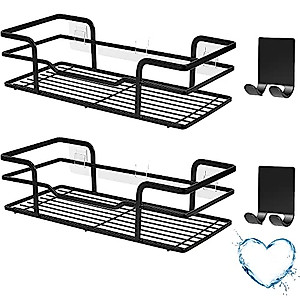 Shower Caddy Adhesive Basket Shelf Drill-Free Kitchen or Bathroom Organizer - Black Basket Shelves Hooks for Washroom Accessories Adhesive Stainless Steel Shampoo Holder, Kitchen Shelf Rack 2 Pck