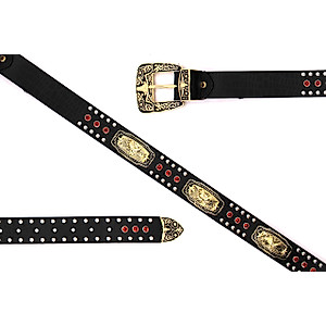 West Star Concho Genuine Leather Belt Mens Women Western Cowboy Leather Belt-Rooster Black Red XL