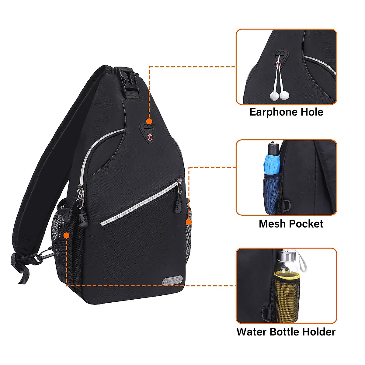 MOSISO Sling Backpack, Multipurpose Crossbody Shoulder Bag Travel Hiking Daypack, Black, Medium