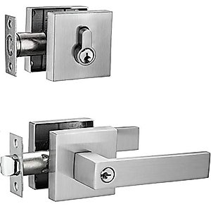 Berlin Modisch Contemporary Square Entry Lever Door Handle and Single Cylinder Deadbolt Locking Lever Handle Set [Front Door or Office] Right & Left Sided Doors Heavy Duty – Satin Nickel Finish