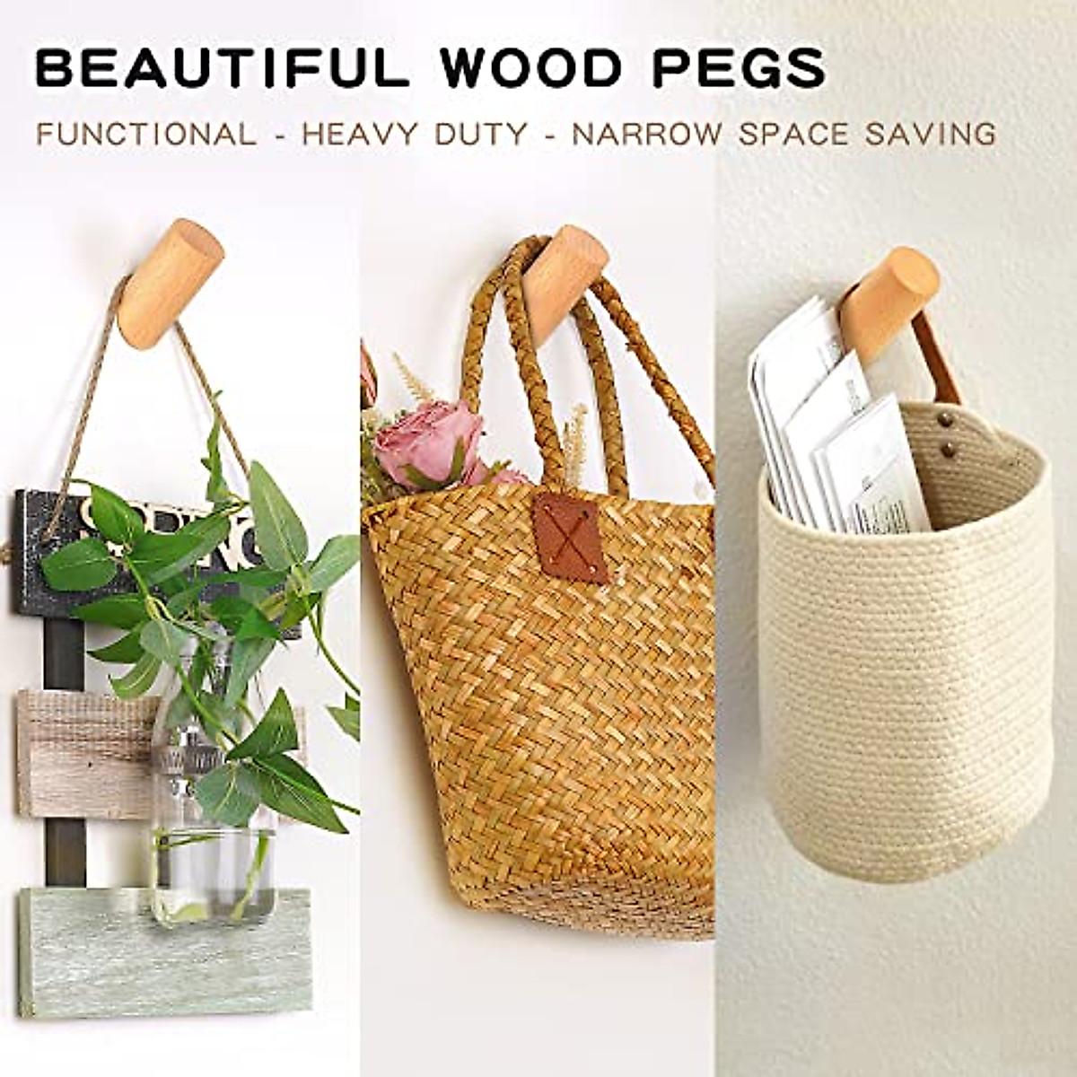 Felidio Wood Wall Hooks, 4 Pack Coat Hooks Wall Mounted Rustic Wooden Hooks Heavy Duty Robe Hook Hat Rack | Hooks for Hanging Bathroom Towels Clothes Hanger (Beech Wood)