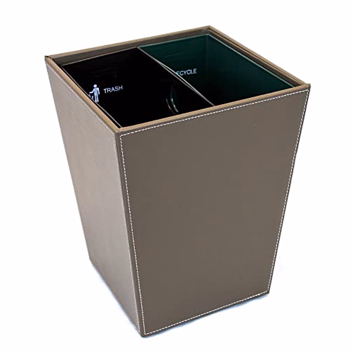 Hospitality Source Leatherette Recycle Waste Bin with Dual Liners for Home or Office. 14.5 Quart Capacity. (Brown)