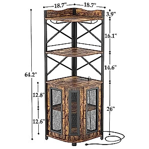 Aheaplus Corner Bar Cabinet with Power Outlet, Industrial Wine Cabinet with LED Strip and Glass Holder, 5-Tiers Liquor Cabinet Bar Unit for Home, Corner Display Cabinet for Small Space, Rustic Brown