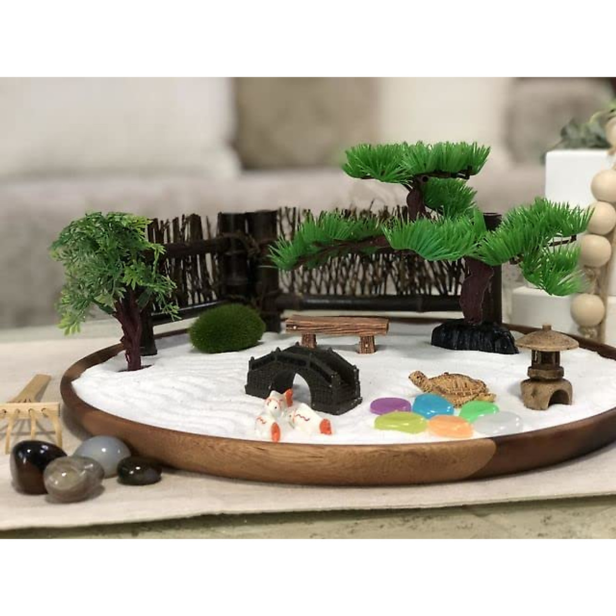 COCORO DIY Desktop Zen Garden for Desk and Office Accessories Includes Zen Garden Sand, Rocks, Rake, Moss Stones, Fishes, Lantern, Bridge, Bench, Baby Pine Tree, Pine Tree, and Turtle