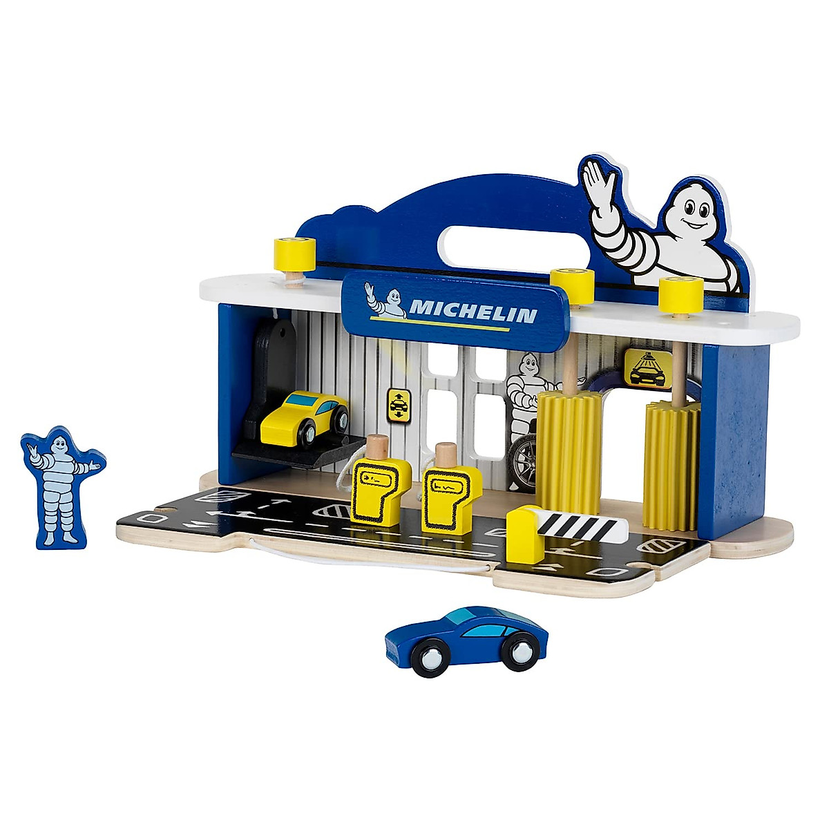 Theo Klein Michelin Car Service Station Kids Wooden Toy Playset with 2 Cars, 2 Fuel Pumps, and Car Wash Station for Ages 3 and Up