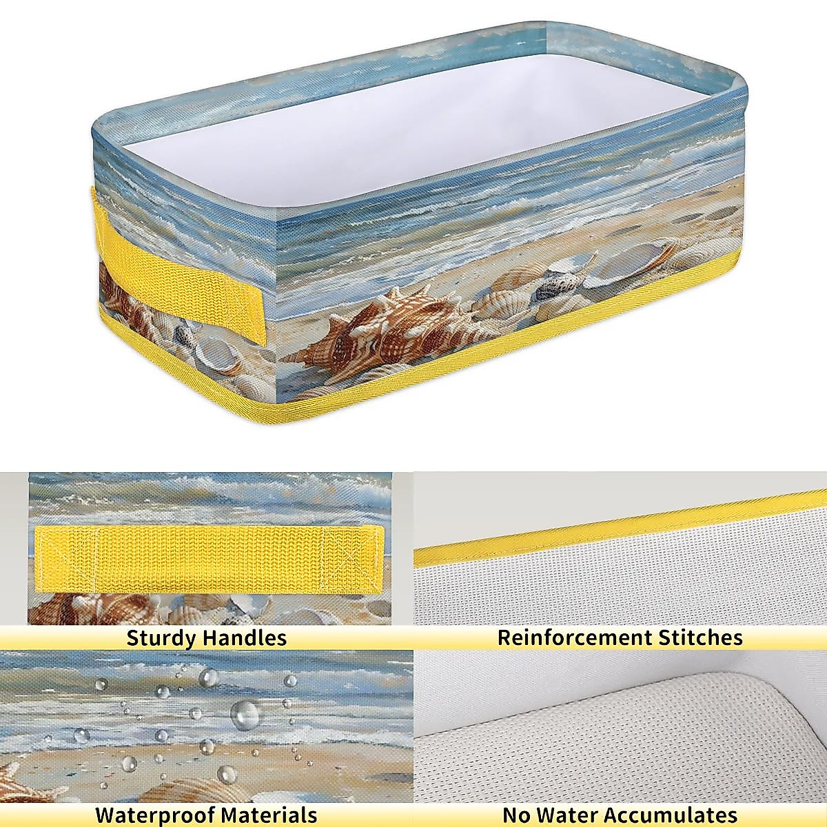 Tablerazzi Ocean Beach Shell Toilet Tank Topper Paper Basket with Handle, Beach Theme Storage Basket for Organizing, Small Fabric Storage Bins for Bathroom Decor