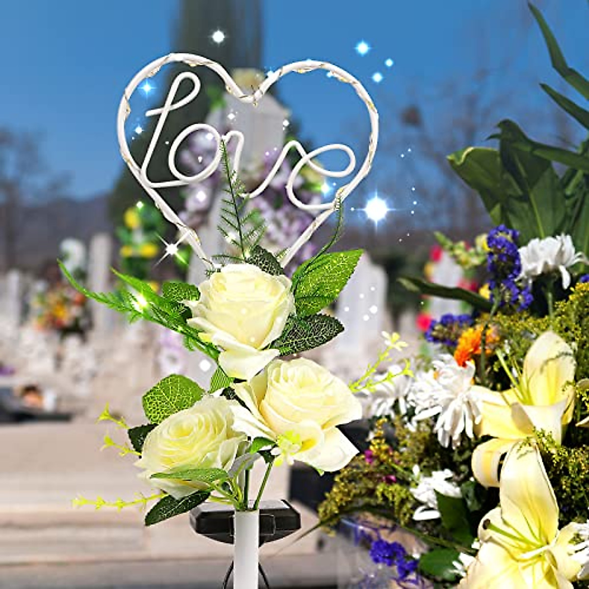 Joyathome 16 Inch Solar Heart Garden Stake Lights with 3 Artificial Flowers Metal Garden Art for Patio Lawn Garden Decor Solar Outdoor Love Sign for Gravesites Memorial and Ideal Gifts for Loved Ones