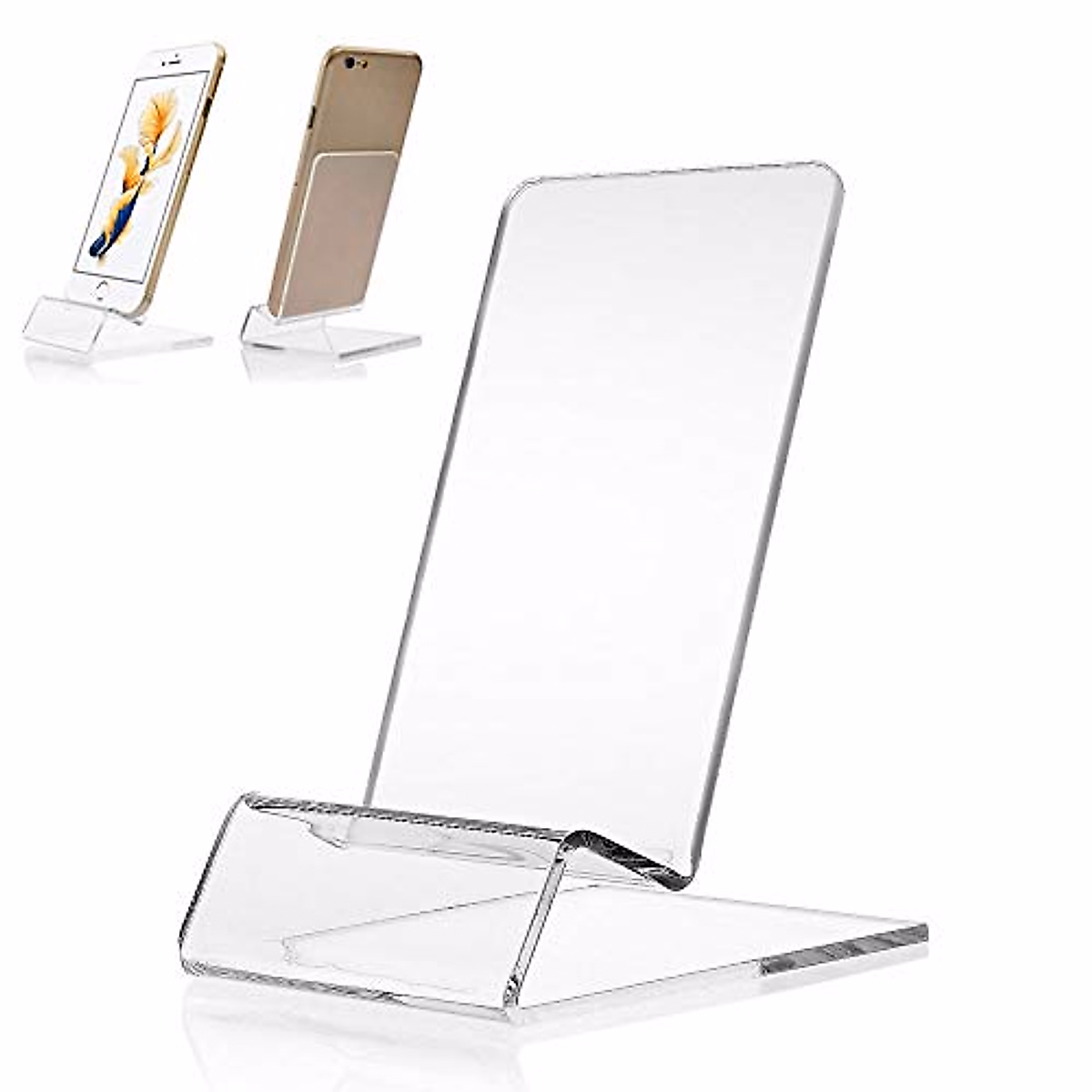 KeCool Universal Mobile Cell Phone Stand Clear Acrylic Display Mount Holder - Durable Transparent Rack Stand Holder for iPhone X 8 7 6s Plus 5s Samsung Huawei Max 5.5" Smartphone Shown (2 Packs)