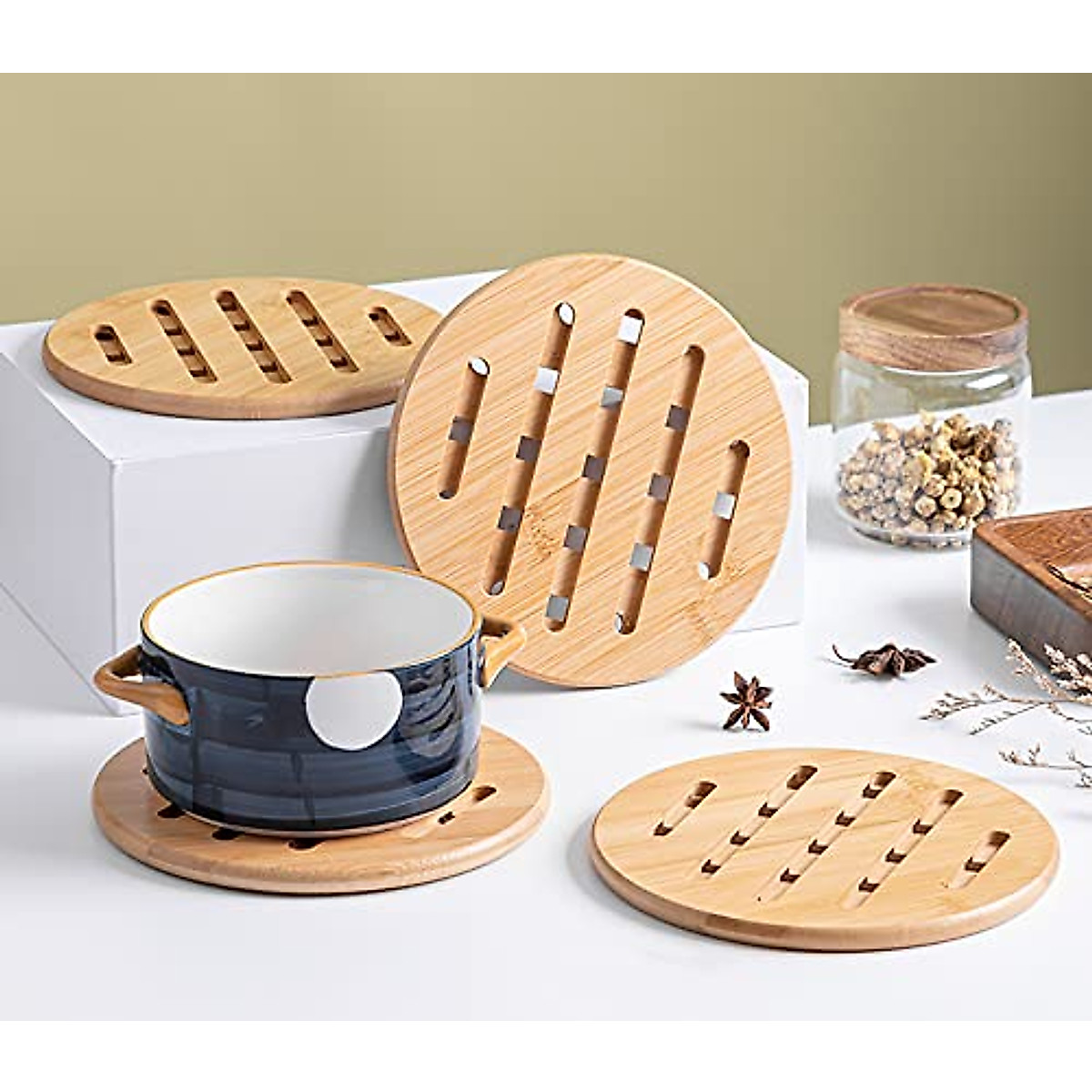 Lawei Set of 8 Bamboo Trivets - Bamboo Hot Pads Trivet with Non-Slip Pads Heat Resistant Pads, for Hot Dishes Pot Bowl