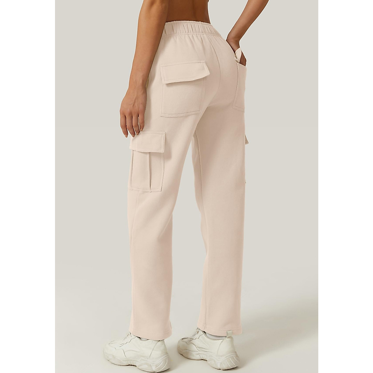 QINSEN Plus Size Womens Elastic Waist Sweatpants Long Fleece Cargo Pants for Leisure XL Beige