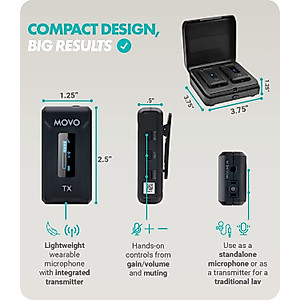 Movo WMX-2 Wireless Camera Microphone with Charging Case - Lavalier Mic for DSLR Cameras, Vlogging, Content Creation, Filmmaking