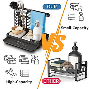 ROMINVIC Sink Caddy Organizer,Kitchen Caddy for Sponge Dishcloth Brush Holder with Black Drain Tray and 2 Sponge Holders 304 Stainless Steel Rustproof