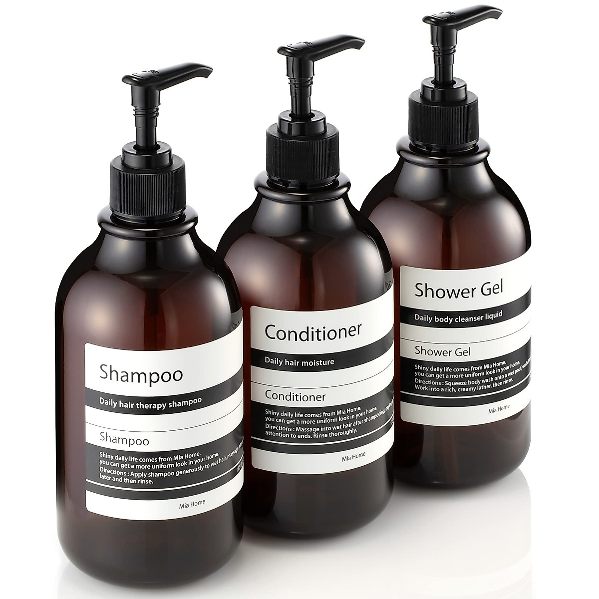 Mia home - 17.5 oz Refillable Empty Amber PET Plastic Bottle Set - 3 Bottles only with Labels, Shampoo & Conditioner & Shower Gel, Silcone Funnel