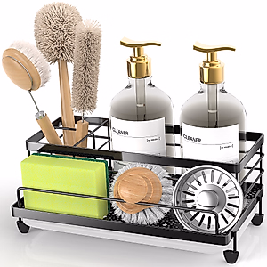 Cisily Sponge Holder for Kitchen, Sink Caddy Organizer, Kitchen Sink Accessories with Drip Tray, Rustproof and Non-slip Kitchen Sink Sponge Holder, Kitchen Essentials for New Home（Matte Black